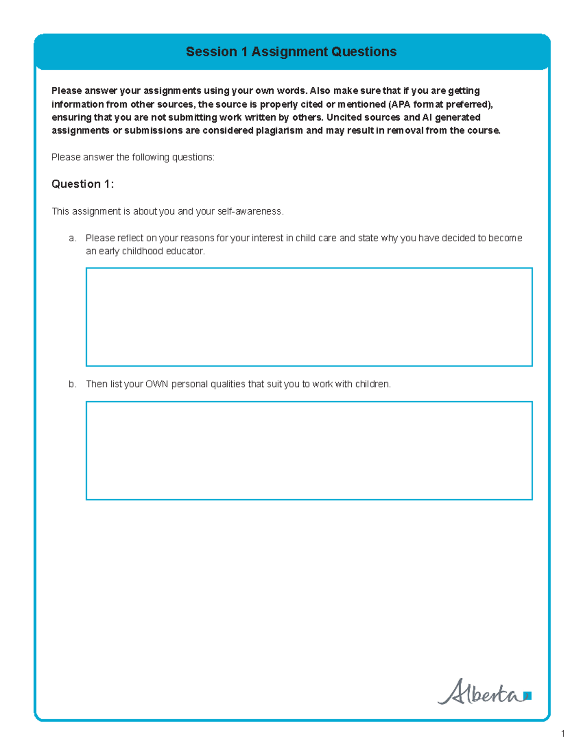 Session 01 - Child Care Self-Reflection Assignment Questions - Studocu