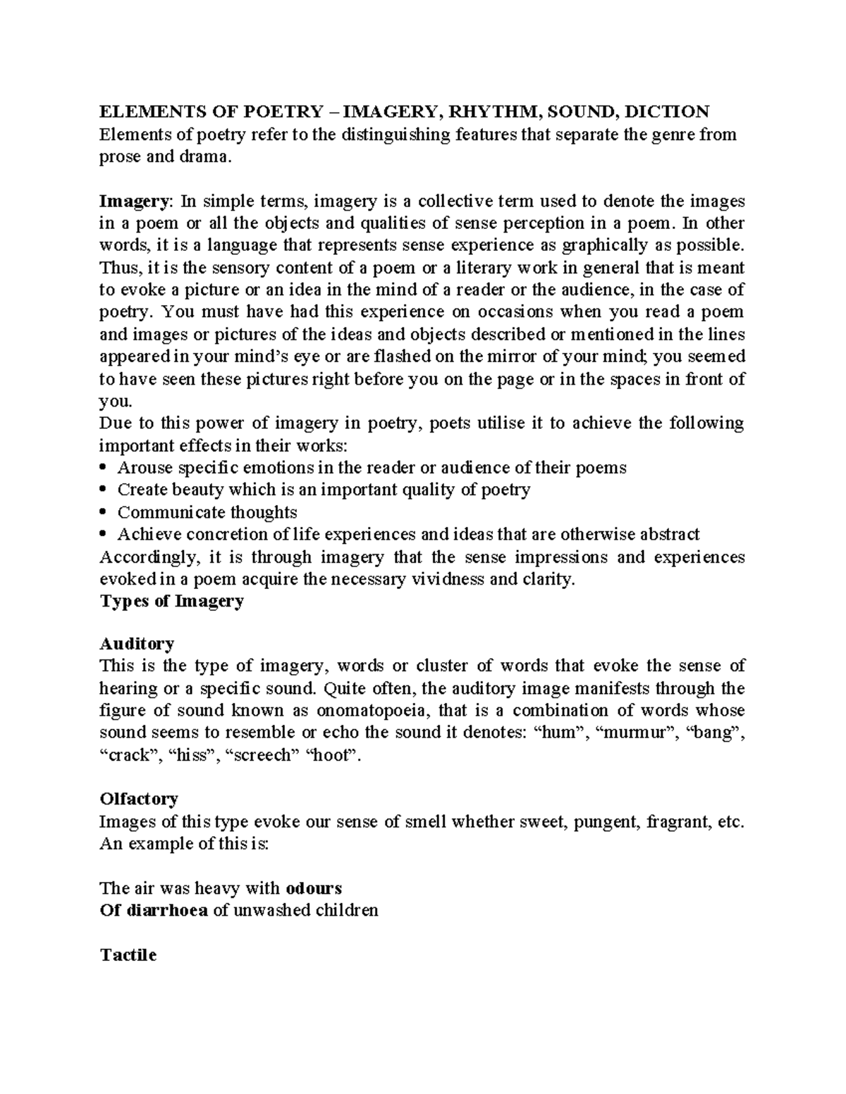 Elements of Poetry: Imagery, Sound, and Diction - Exam Notes - Studocu