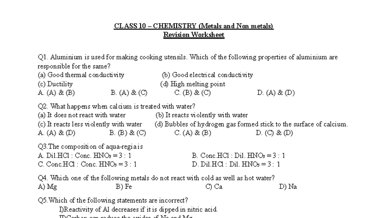 CLASS 10 CHEMISTRY (Metals and Non-metals) Revision Worksheet - Studocu