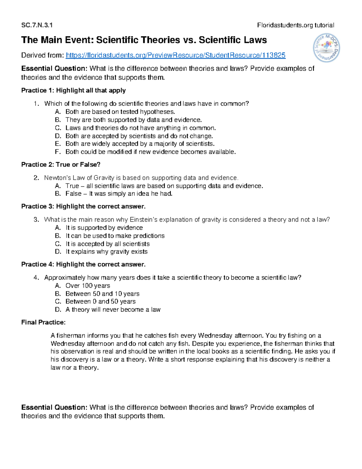 SC.7.N Scientific Theories vs. Laws: Key Differences & Practices - Studocu