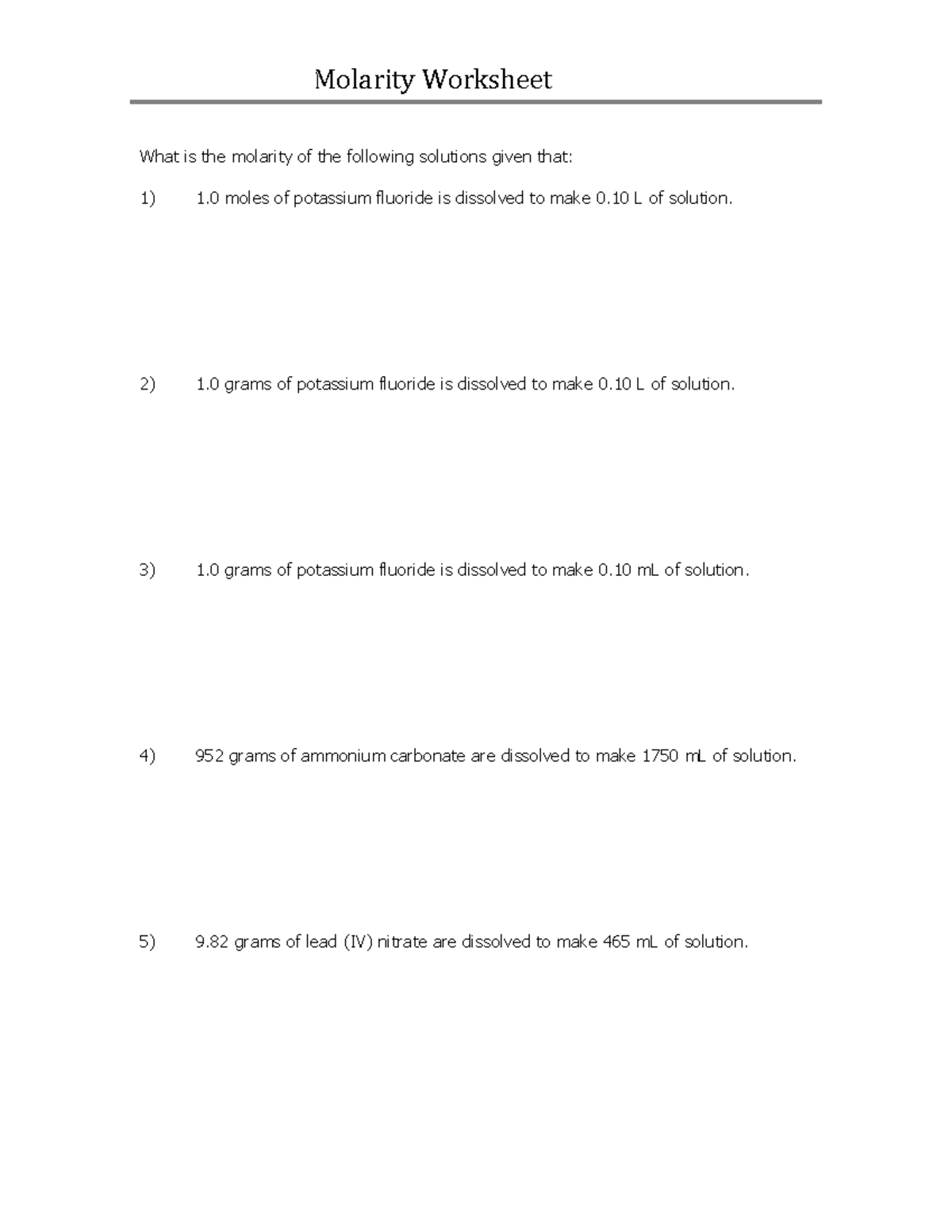 Molarity Worksheet W 331 - Answer Key for Solutions Calculations - Studocu