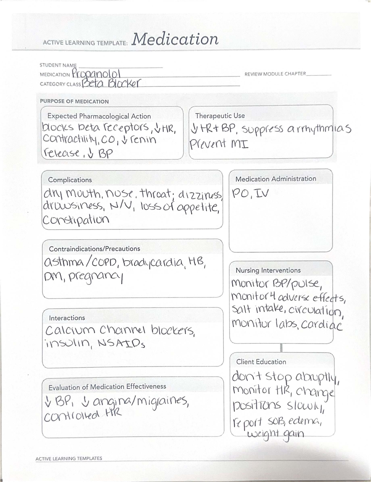 Propanolol ATI Med Template: Active Learning Review for Beta Blocker ...
