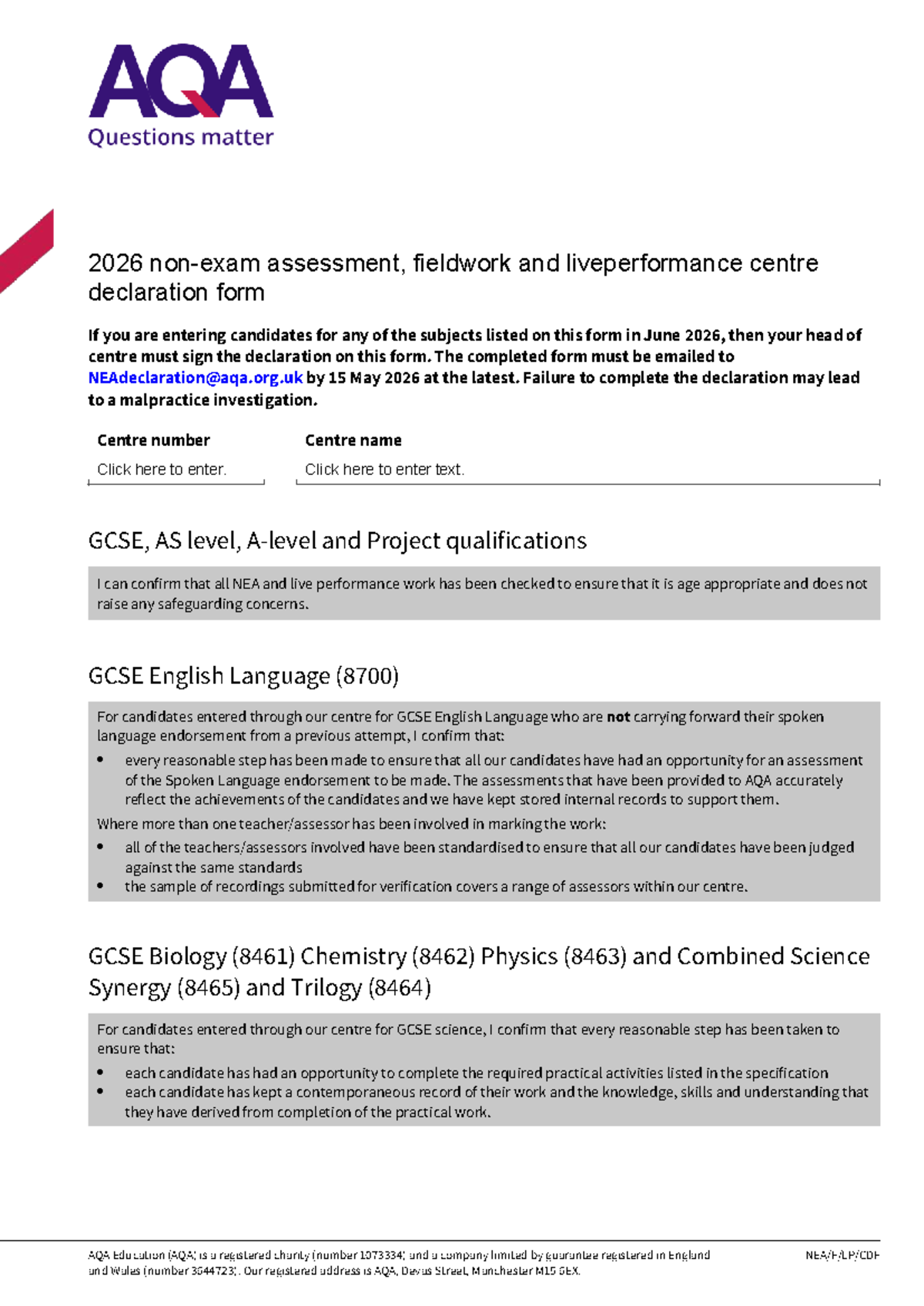 AQA NEA Fieldwork & Live Performance Centre Declaration Form 2026 - Studocu