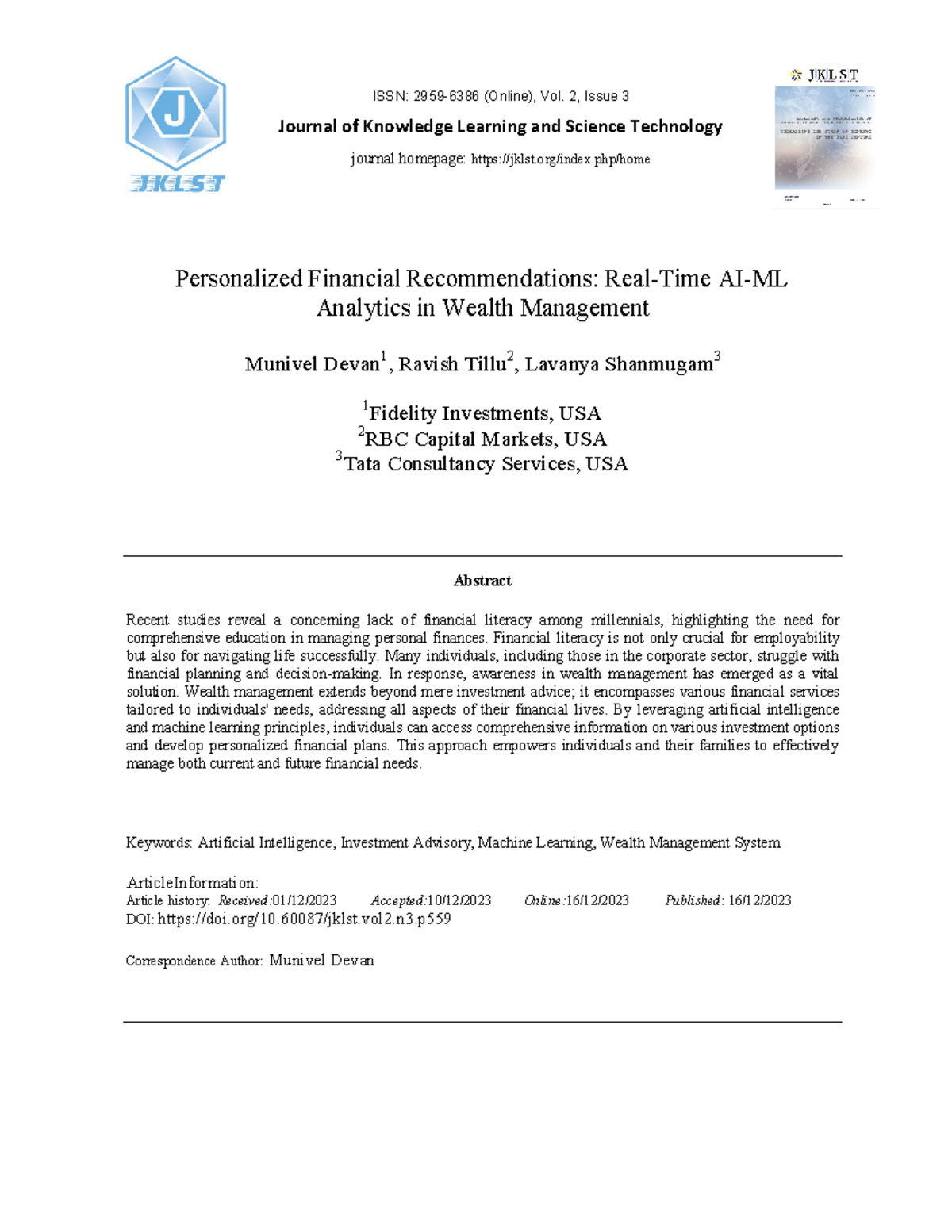 Personalized Financial Recommendations Real-Time A - ISSN: 2959-6386 ...