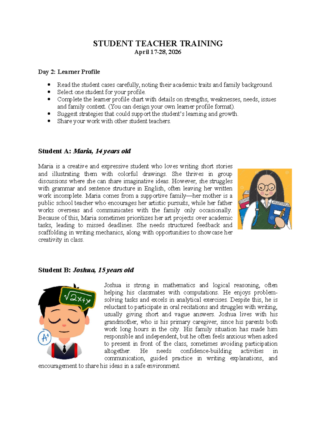 STUDENT TEACHER TRAINING April 2026: Day 2 Learner Profiles - Studocu