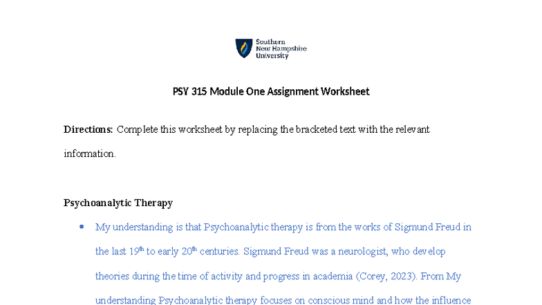 PSY 315 Psychoanalytic Therapy Assignment Worksheet - Studocu