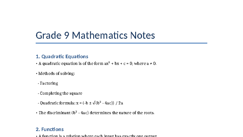Grade 9 Math Notes - Grade 9 Mathematics Notes 1. Quadratic Equations ...
