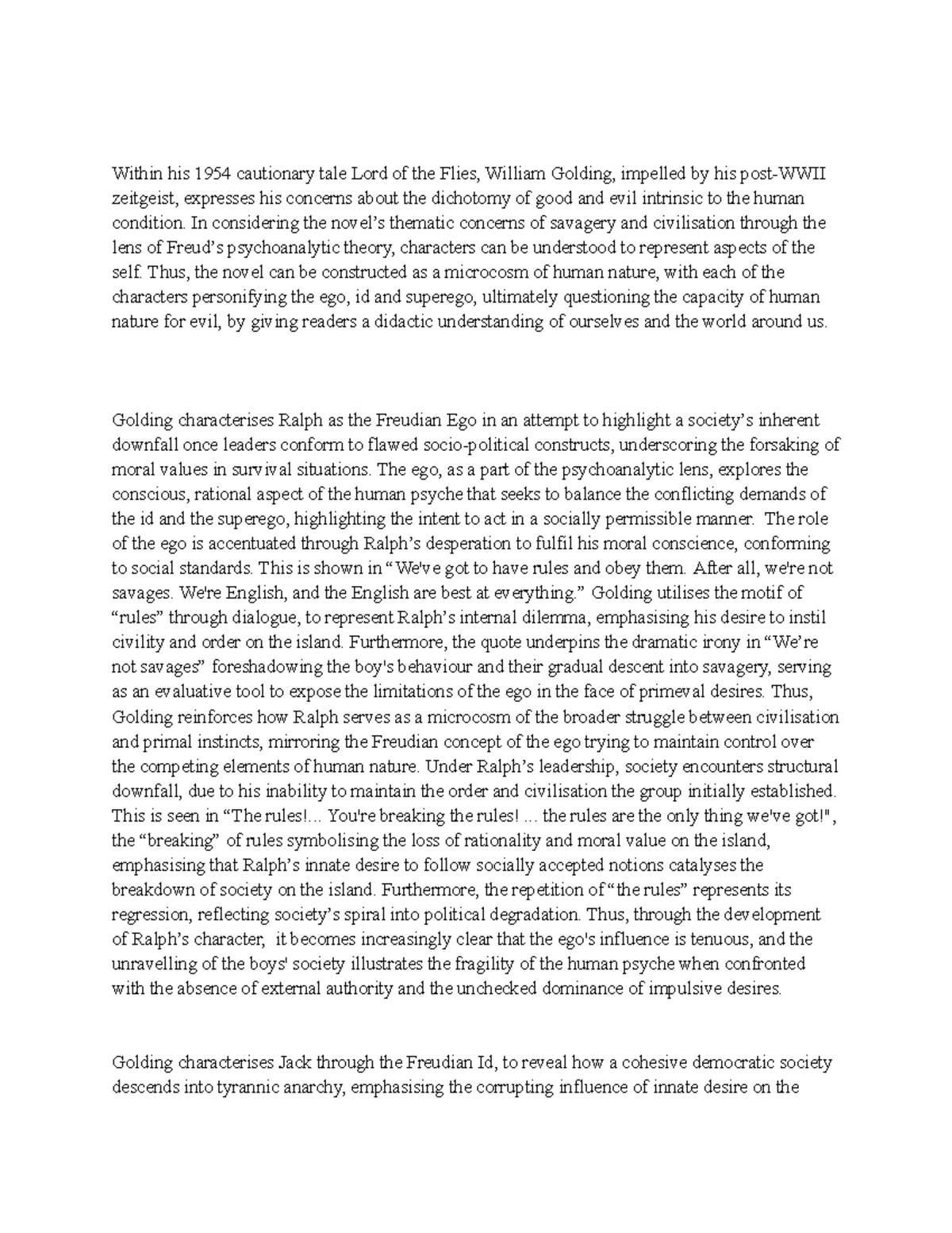 Eng - Lord of the Flies: Psychoanalytic Analysis of Good vs. Evil - Studocu