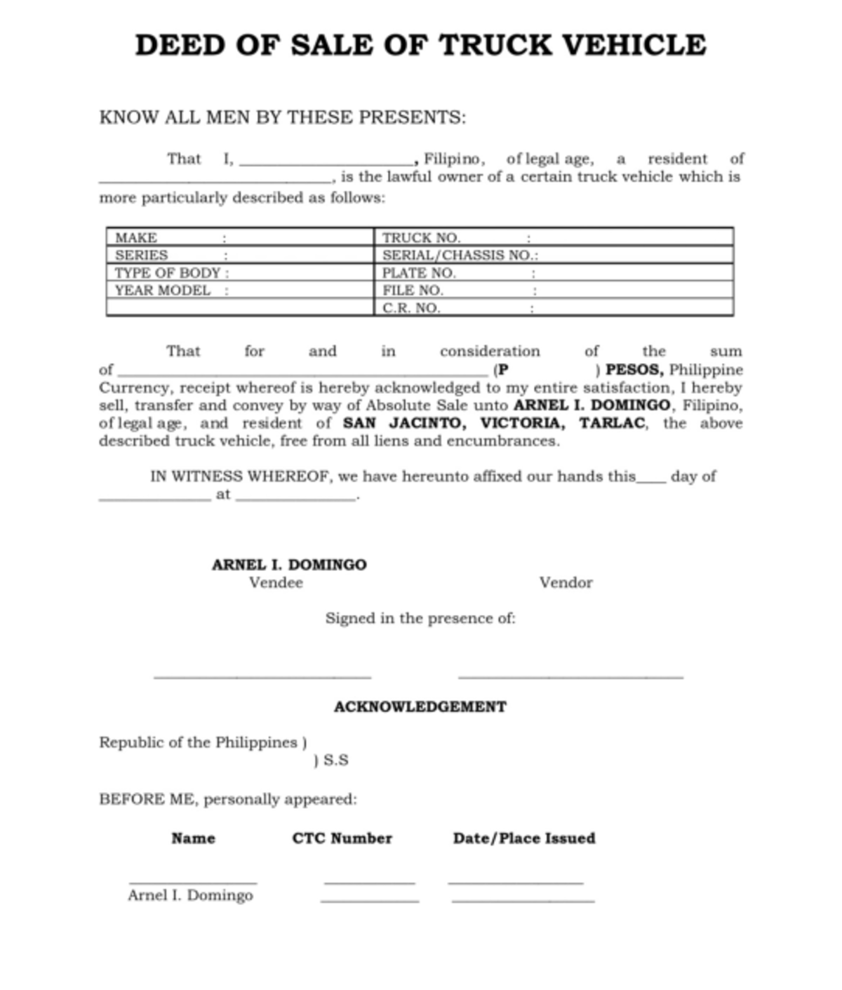 Truck Deed of Sale Template for Legal Transfer of Ownership - Studocu