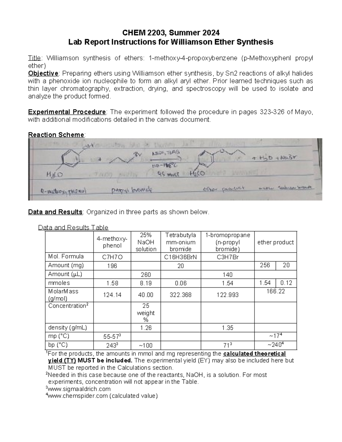 Lab Report: CHEM 2203 Summer 2024 on Williamson Ether Synthesis - Studocu
