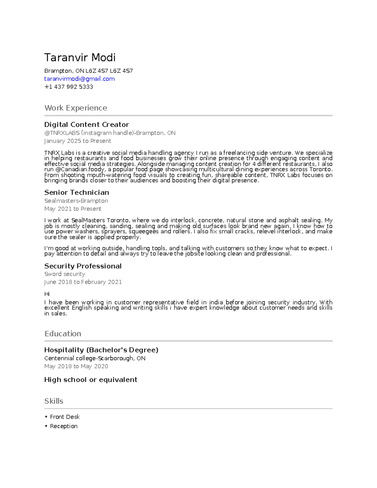 Resume: Taranvir Modi - Digital Content Creator & Technician - Studocu