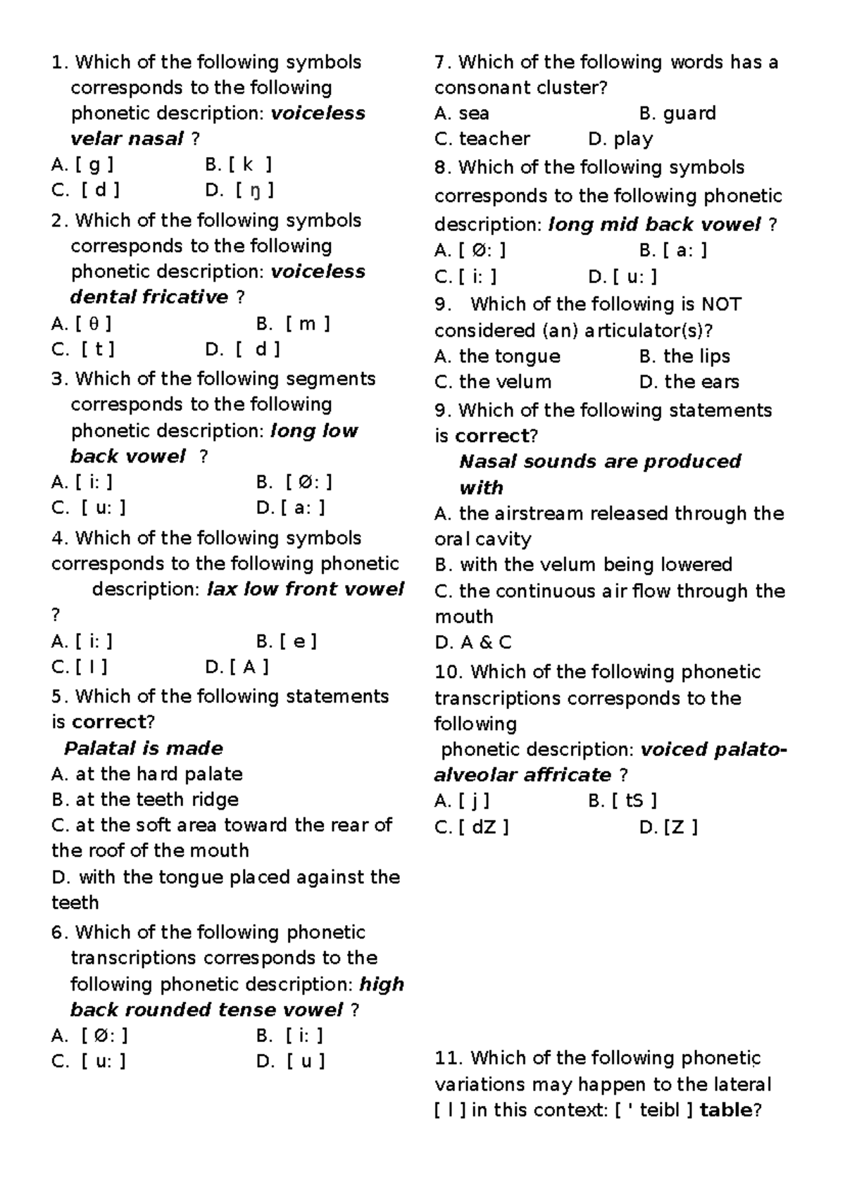 Phonetics Quiz (Course Code: 4) - Symbols, Vowels, and Consonants - Studocu