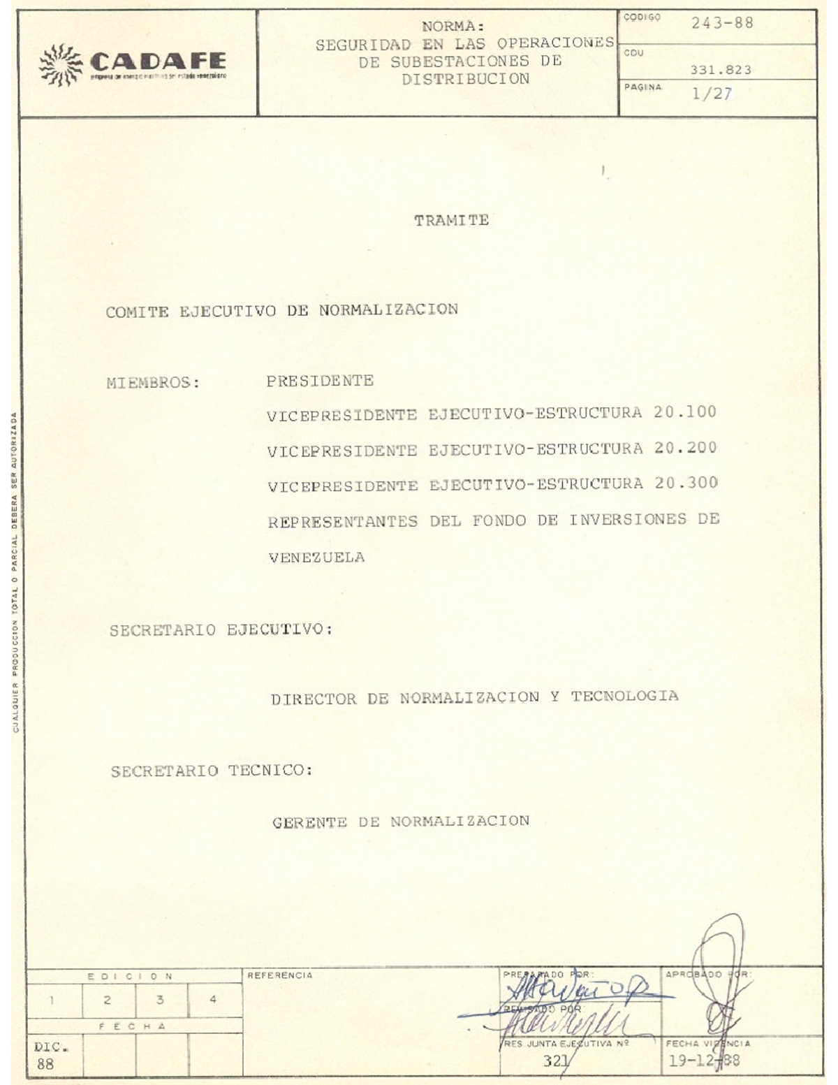 CODIGO NORMA CADAFE: Seguridad en Operaciones de Subestaciones 331.823 ...