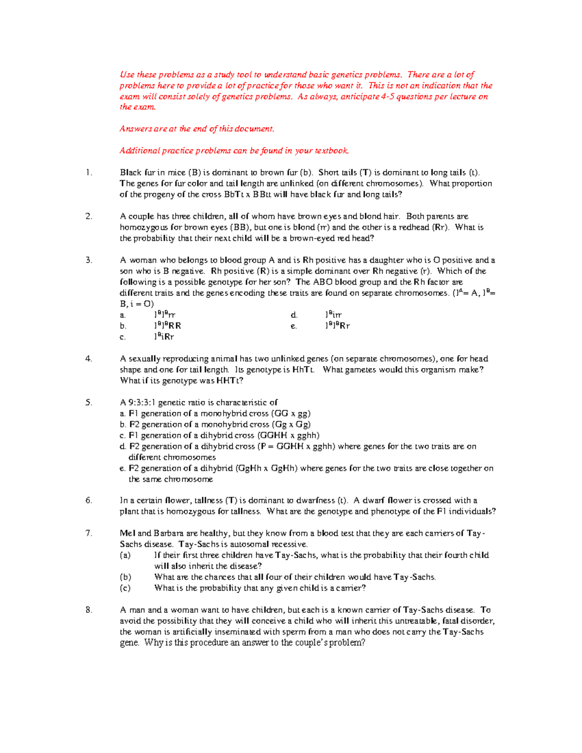 Genetics Problems Study Guide - Practice Questions and Solutions - Studocu