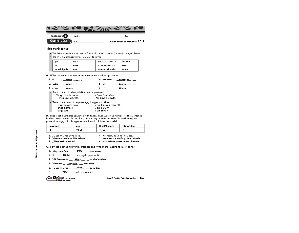 Guided Practice Activities Answers for Tener - 5A - Studocu