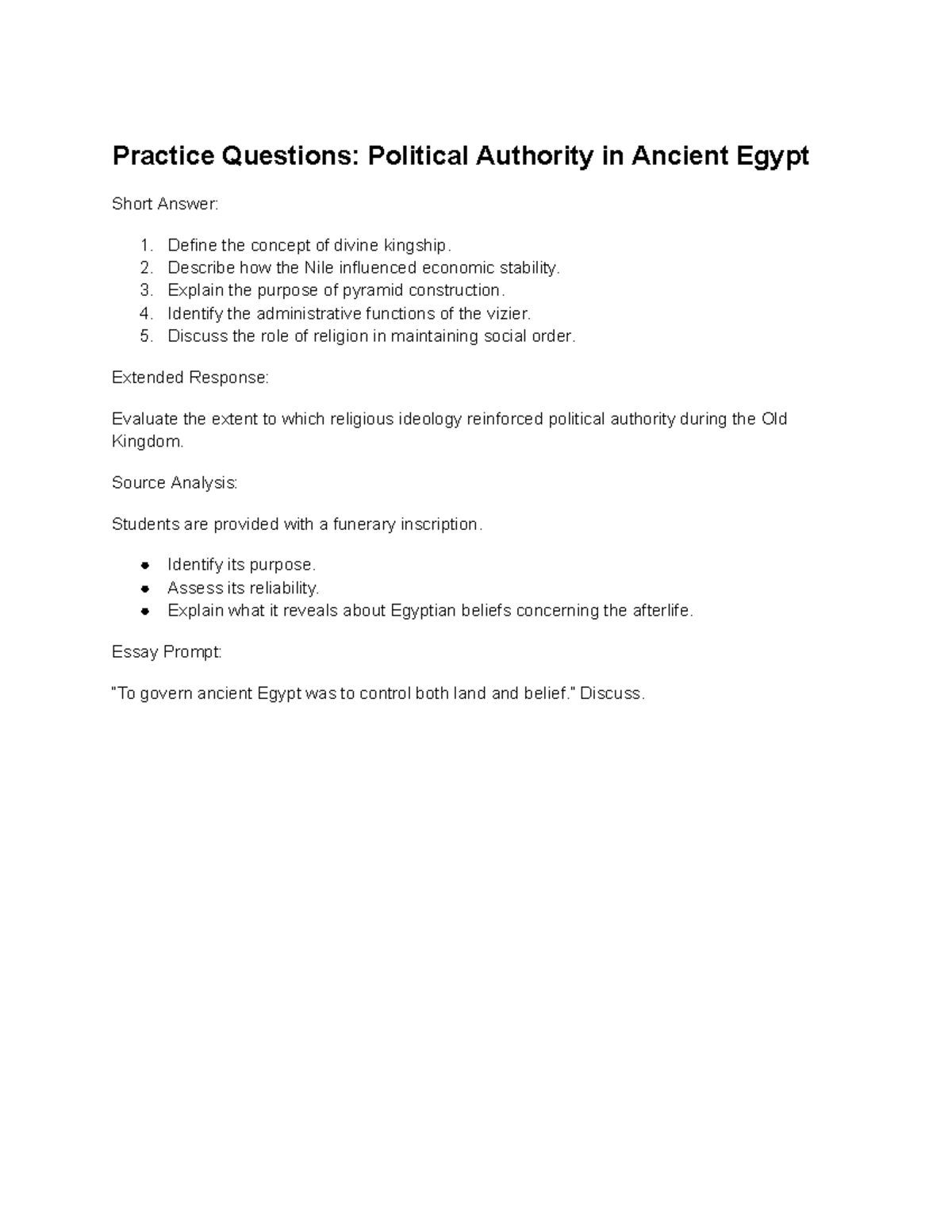 Practice Questions Political Authority in Ancient Egypt - Describe how ...