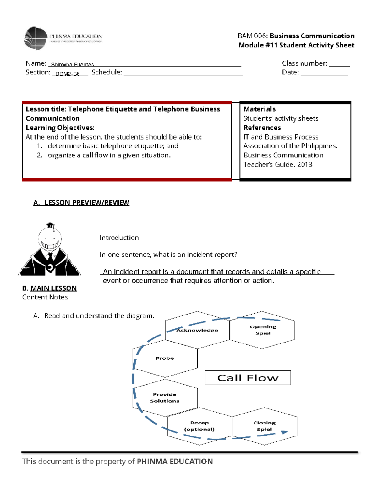 BAM 006: Telephone Etiquette in Business Communication Lesson - Studocu