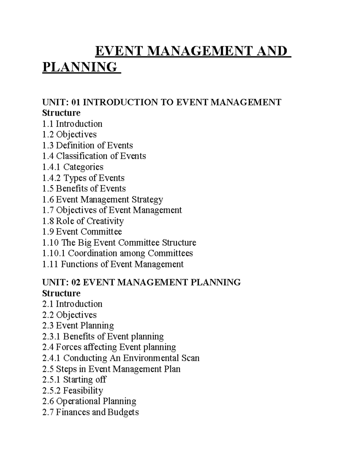 Event Management Course Outline: Planning & Strategy Overview - Studocu