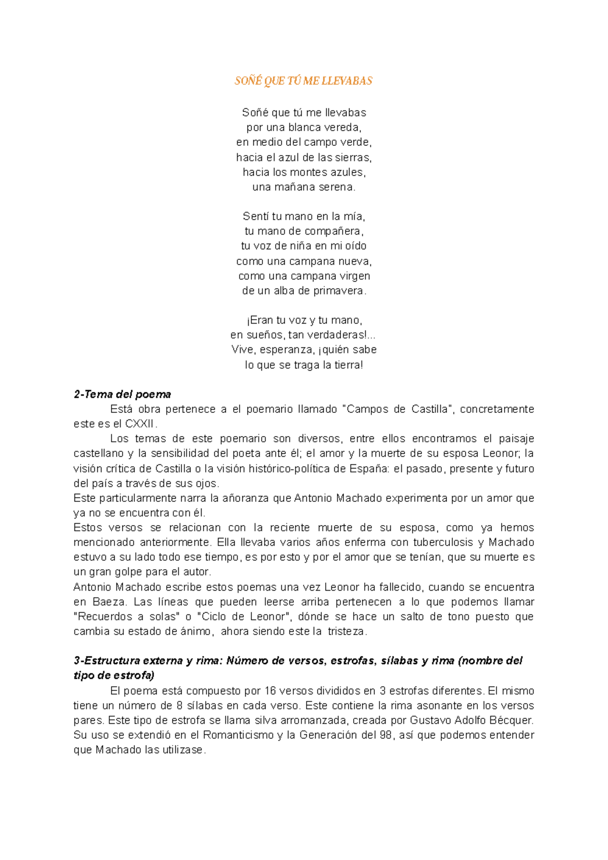 Apuntes sobre "Soñé que tú me llevabas" de Antonio Machado - Studocu