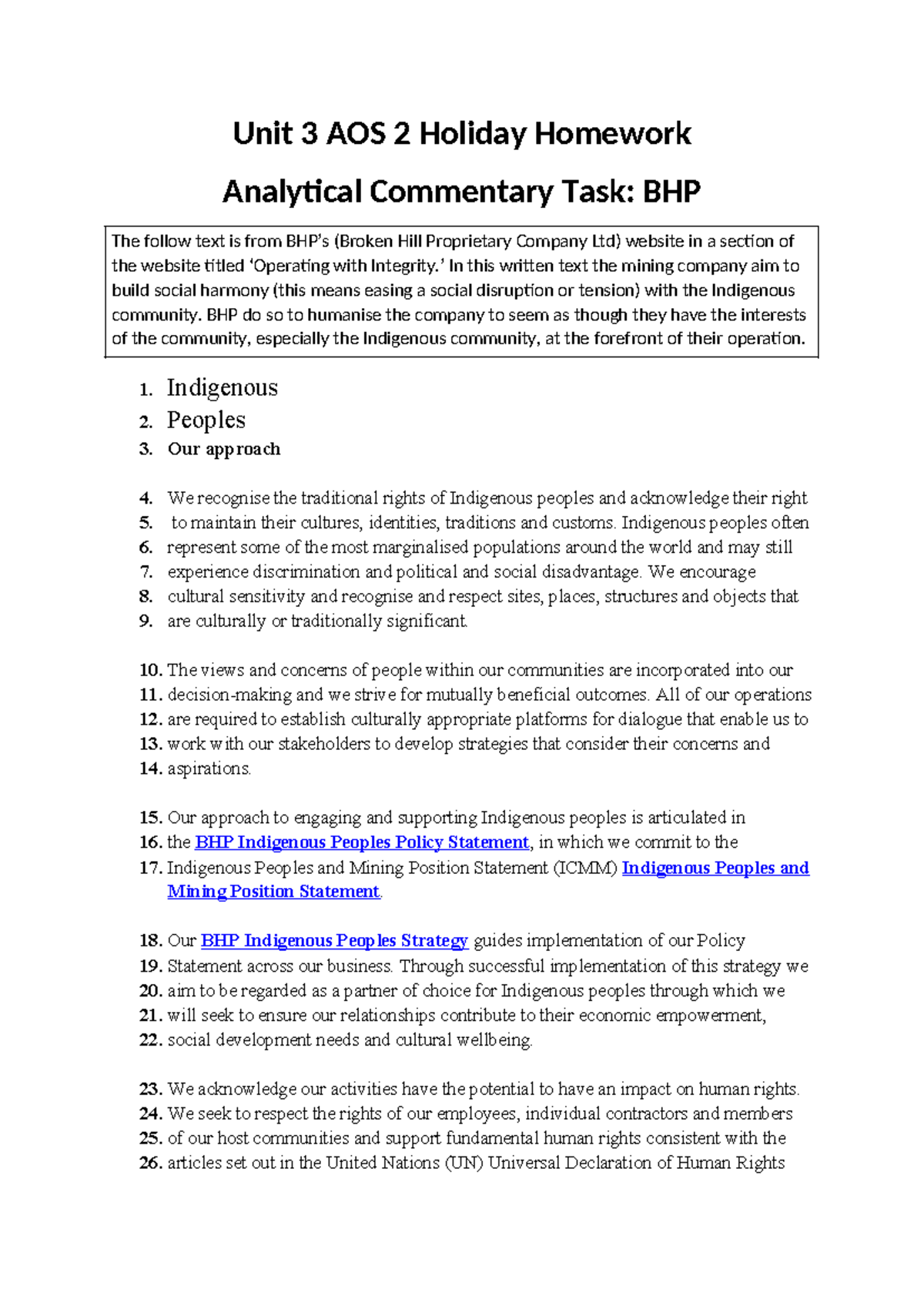 Unit 3 AOS 2 Holiday Homework: Analytical Commentary on BHP's ...