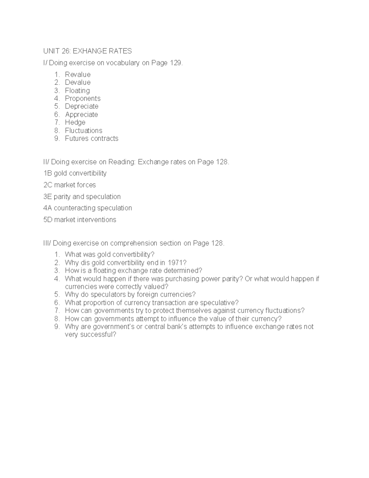 SEF 3 UNIT 26 TATM - Vocabulary & Exercises on Exchange Rates - Studocu
