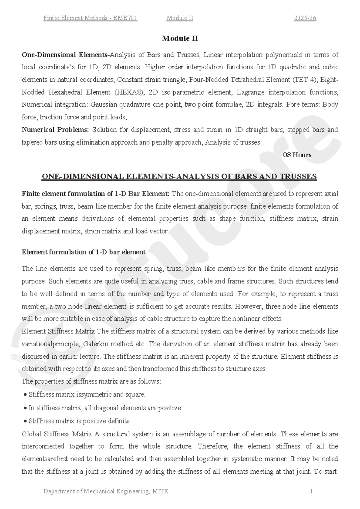 Finite Element Methods BME701 Module II: Bars, Trusses & Interpolation ...