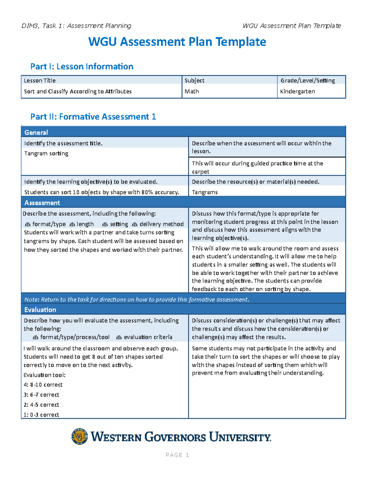 D093- Task 1- Assessment Plan - WGU Assessment Plan Template Part I: Lesson Information Lesson ...