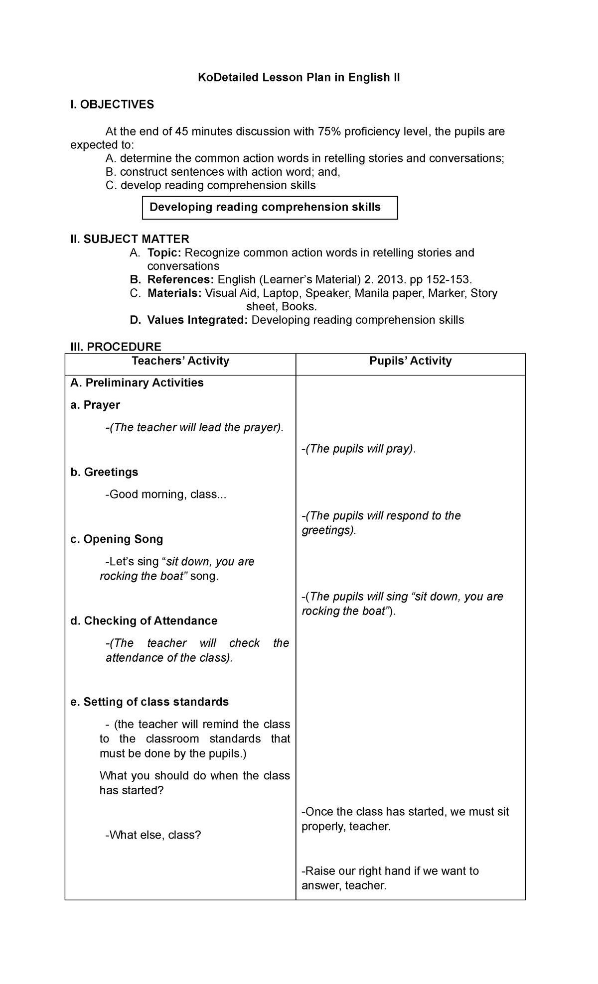 EL 213 - Detailed Lesson Plan: Action Words in English II - Final Exam ...