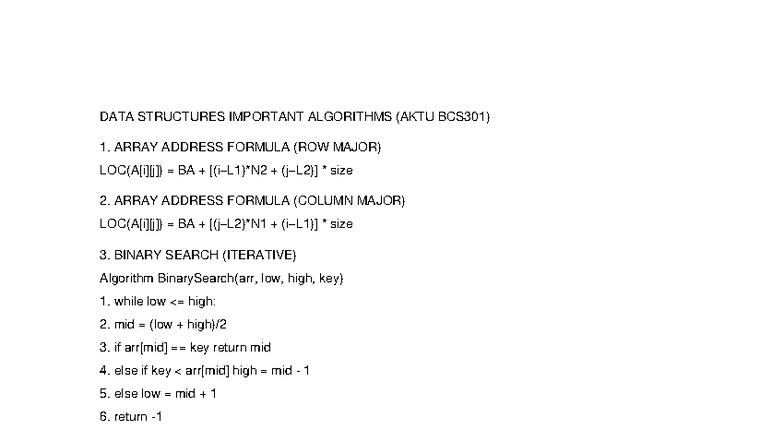 DS Important Algorithms Overview (AKTU BCS301) - Studocu