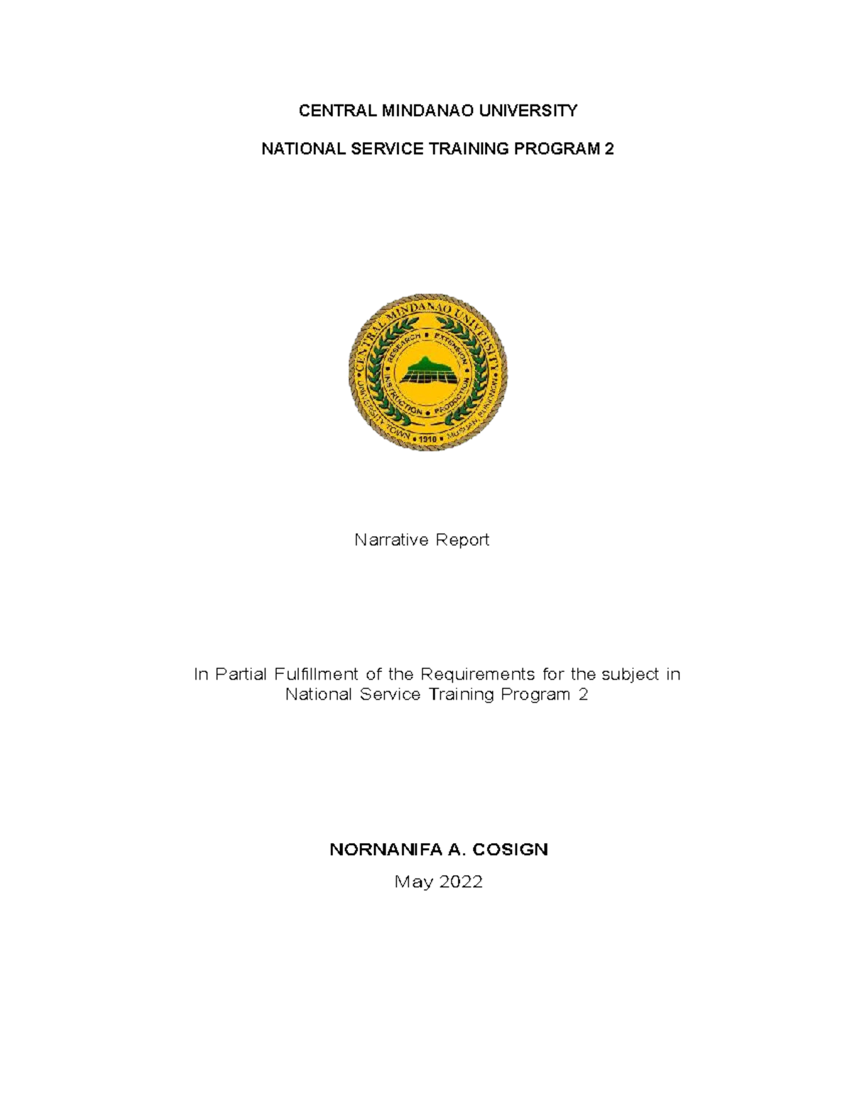 Narrative Report on NSTP Law - CMU NSTP 2 Completion 2022 - Studocu