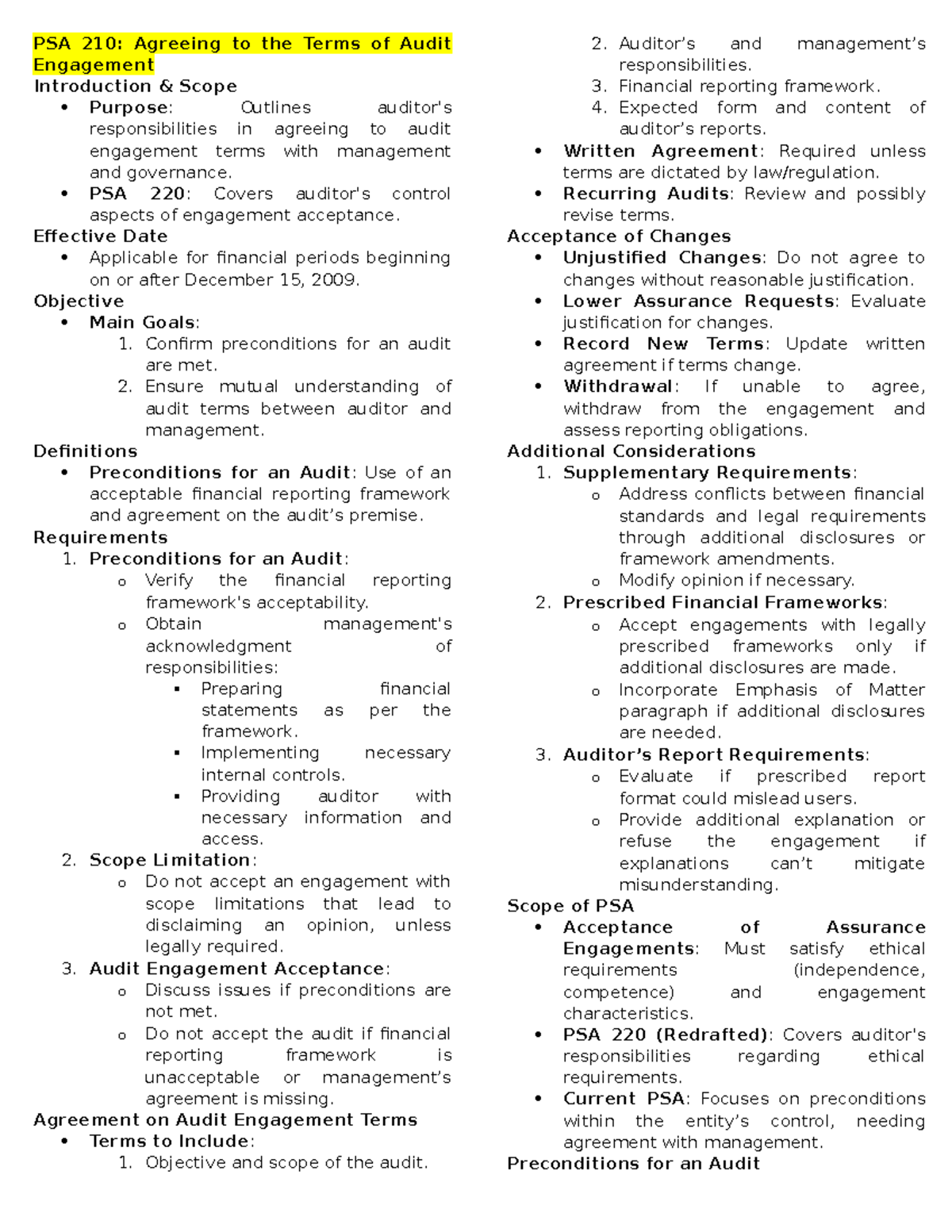 PSA 210 Final Exam Notes: Understanding Audit Engagement Terms - Studocu