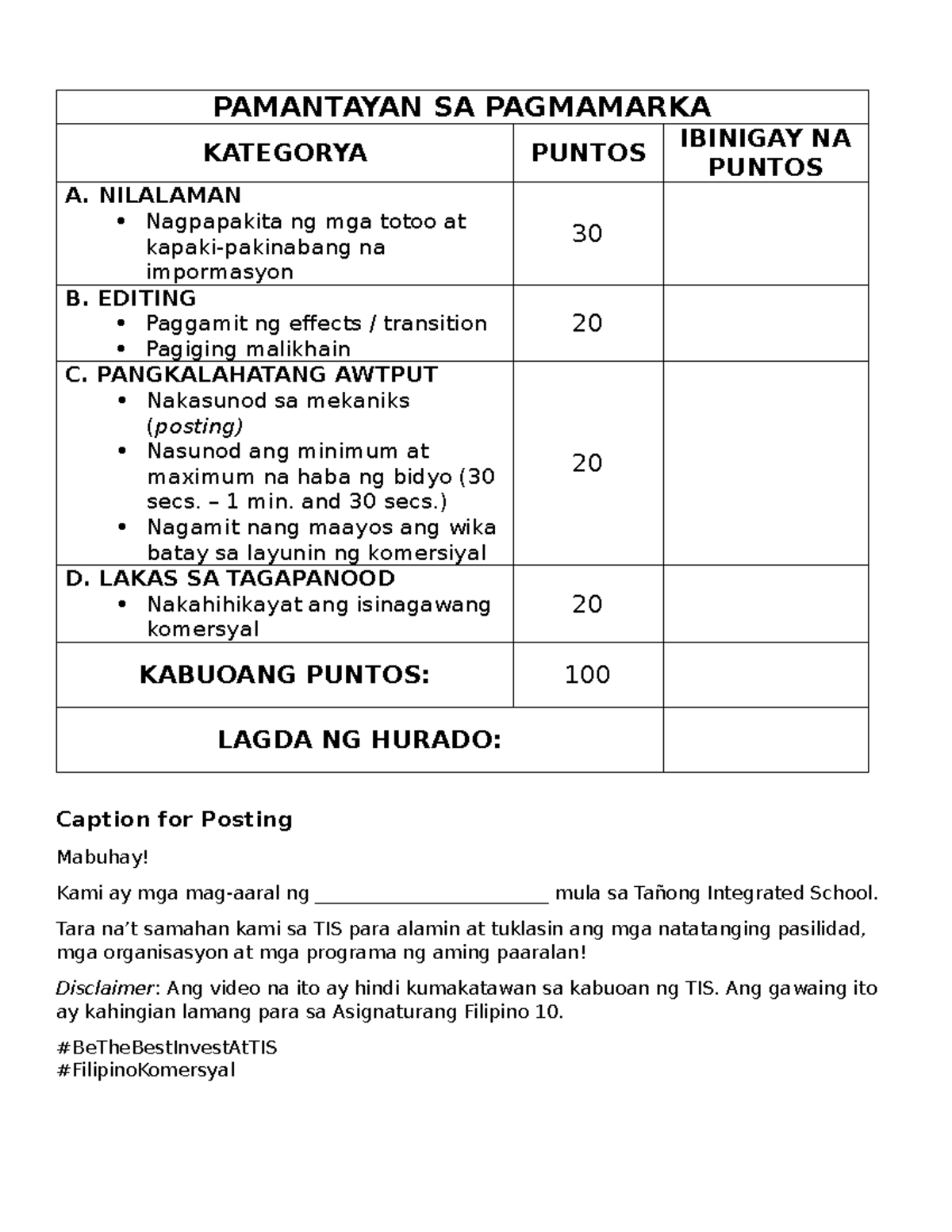 Pamantayan sa Pagmamarka para sa Video Commercial - Filipino 10 - Studocu