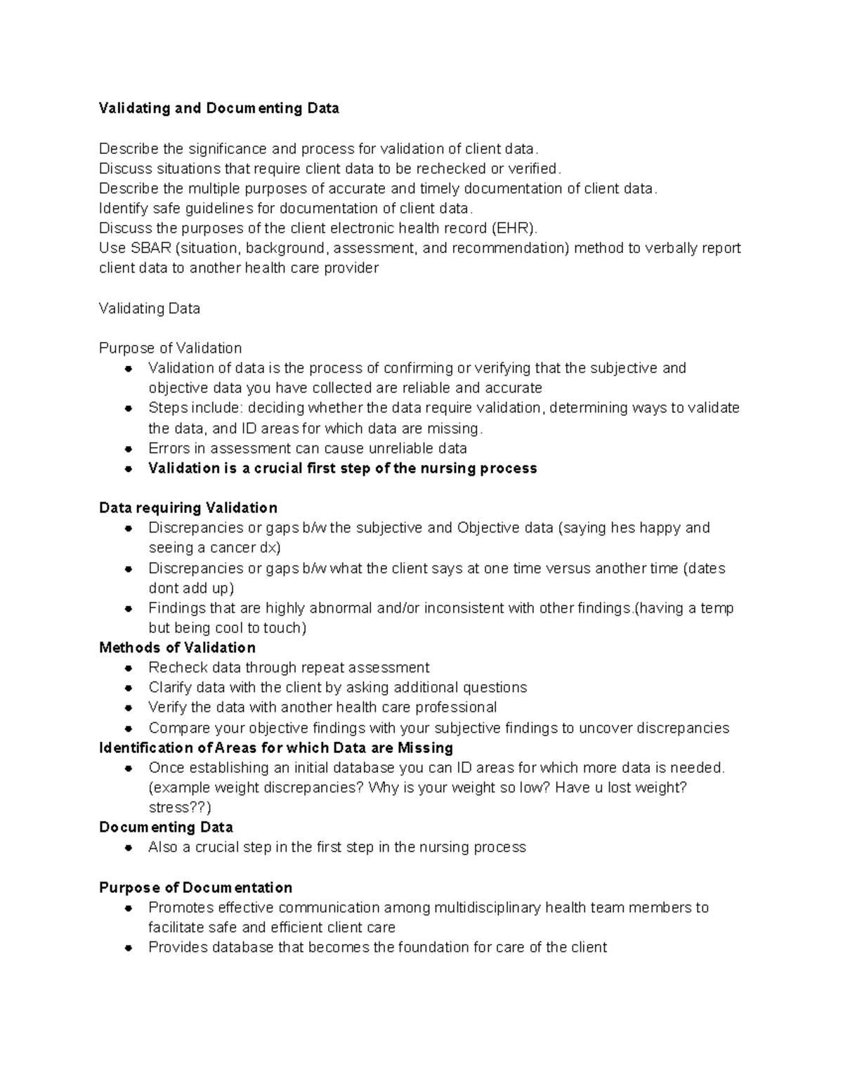 Validating and Documenting Data in Nursing - Studocu