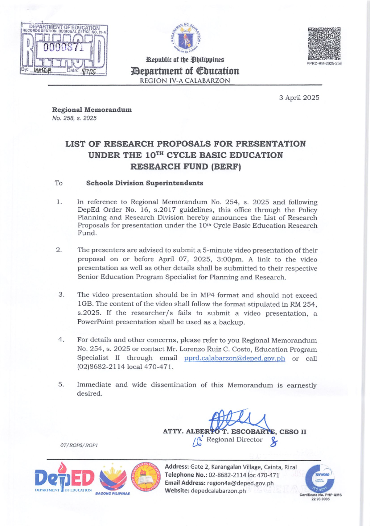 PPRD RM 2025 258: List of Research Proposals for BERF Presentation - Studocu