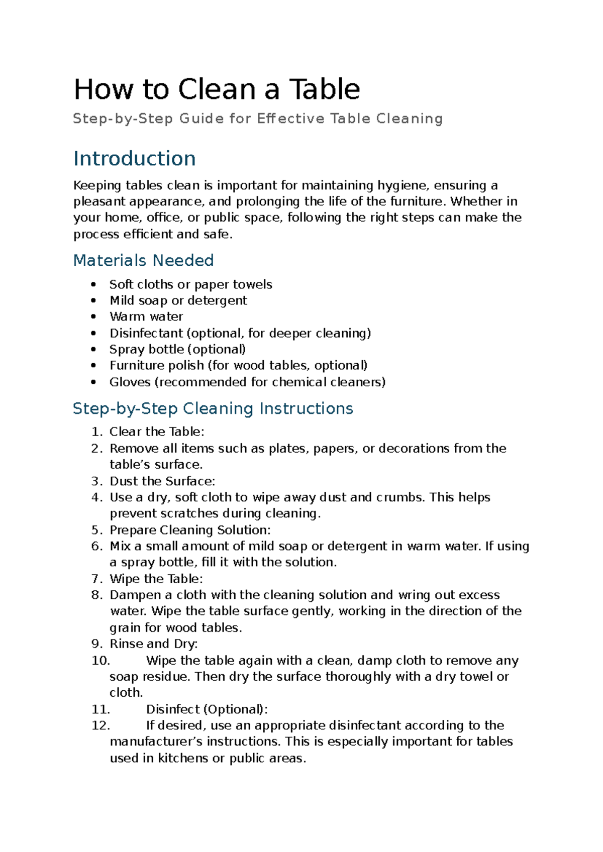 Hn4 - h35fv: Effective Table Cleaning Guide and Instructions - Studocu