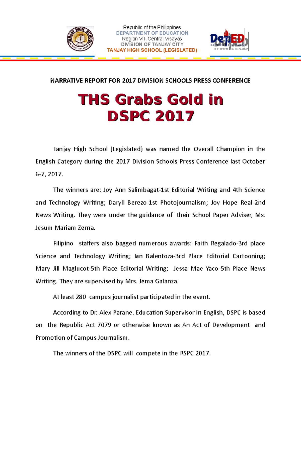 Campus Journalism Accomplishment Report - DSPC 2017 Highlights - Studocu