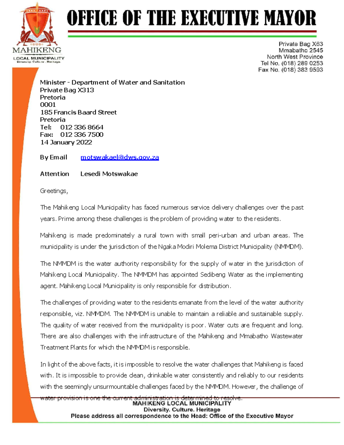 Letter to Water and Sanitation: Addressing Mahikeng's Water Crisis ...