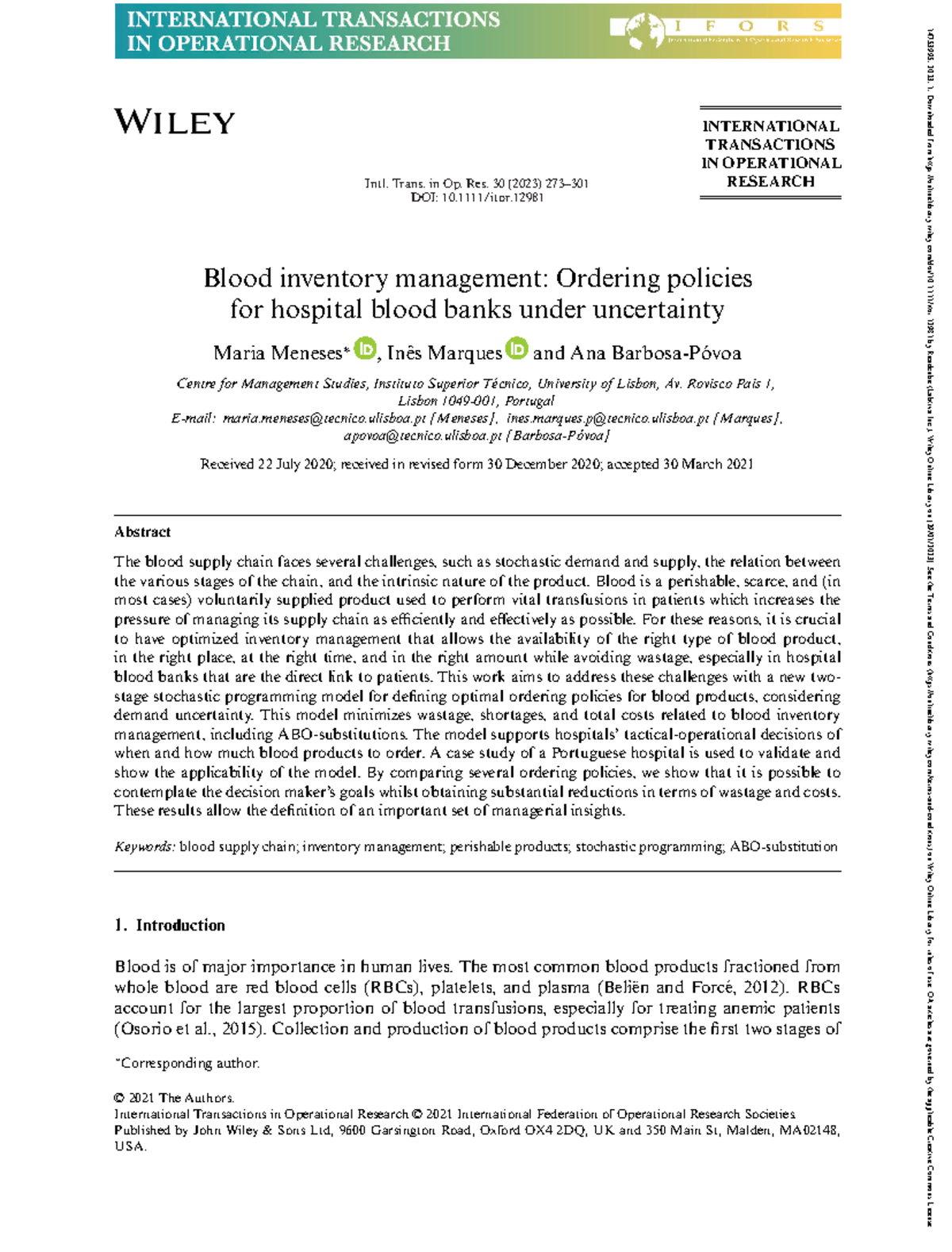 Blood inventory management Ordering policies for hospital blood banks ...