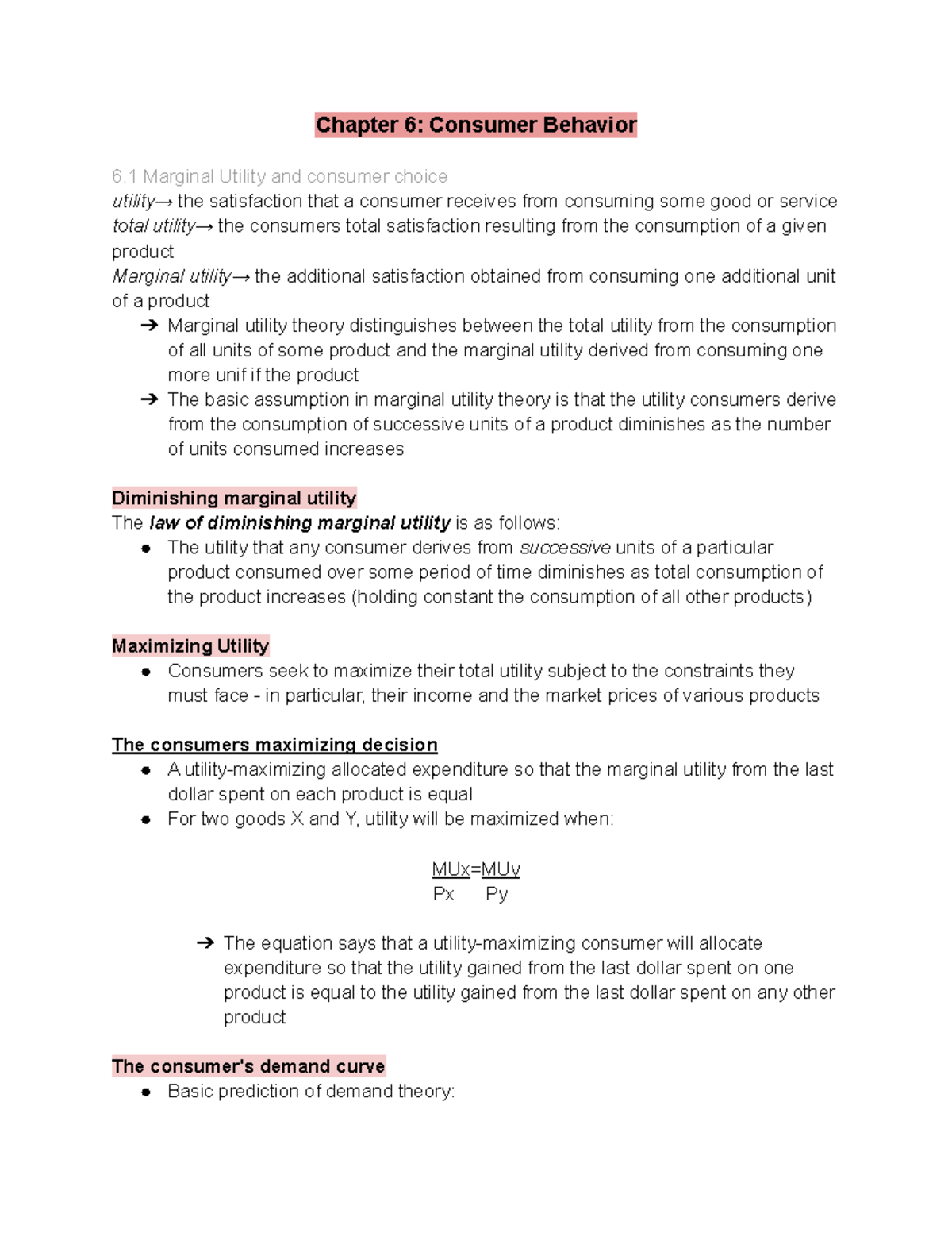 Chapter 6 Consumer Behavior - Chapter 6: Consumer Behavior 6 Marginal Utility and consumer ...