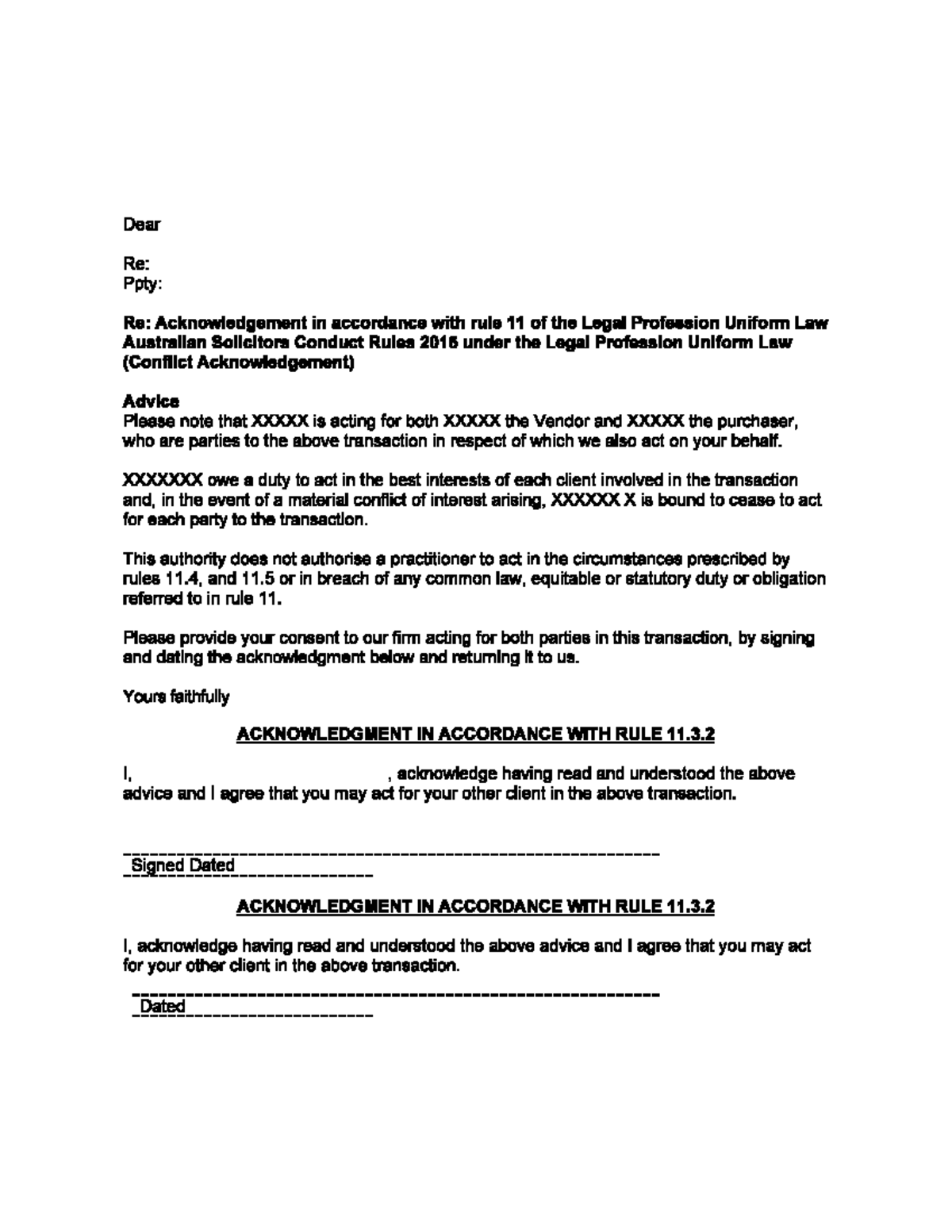 Conflict of Interest Acknowledgment Template - Legal Profession Rules ...