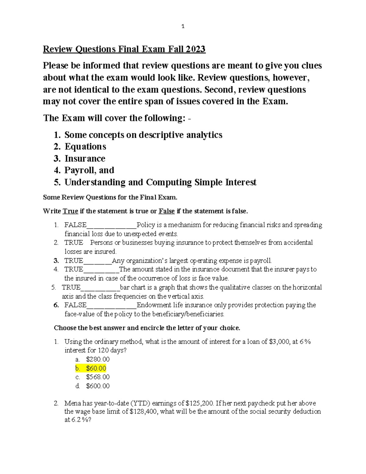 Review Questions for Final Exam (Course Code: 1) - Fall 2023 - Studocu