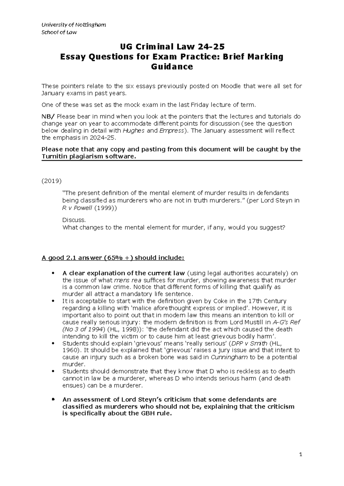 UG Criminal Law Essay Questions & Marking Guidance for Exam Prep - Studocu