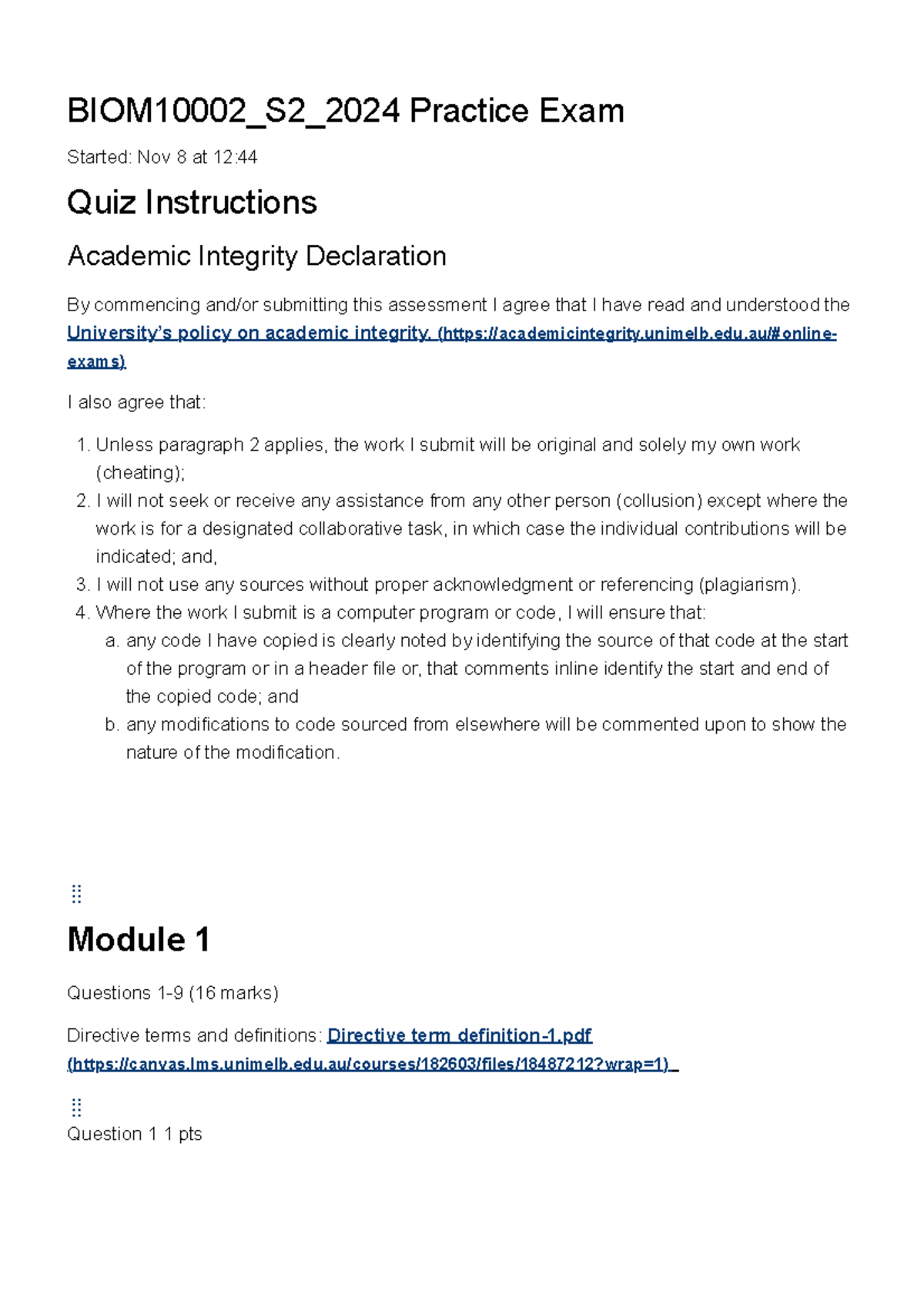 Quiz BIOM10002 S2 2024 Practice Exam Questions and Key Concepts - Studocu