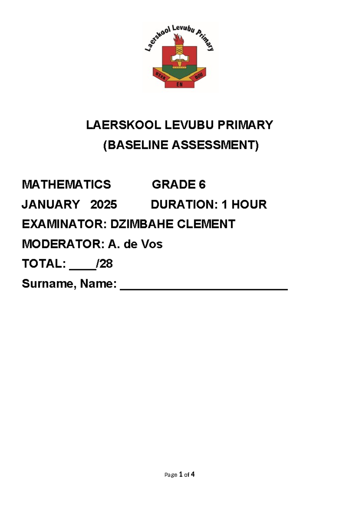 Maths 6 Baseline Assessment - January 2025 - Grade 6 Exam - Studocu