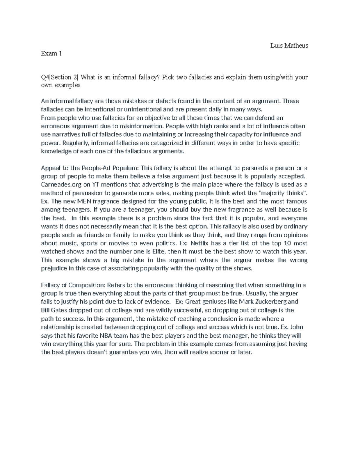 Exam 1 PHI - Informal Fallacies and Socratic Political Views - Studocu
