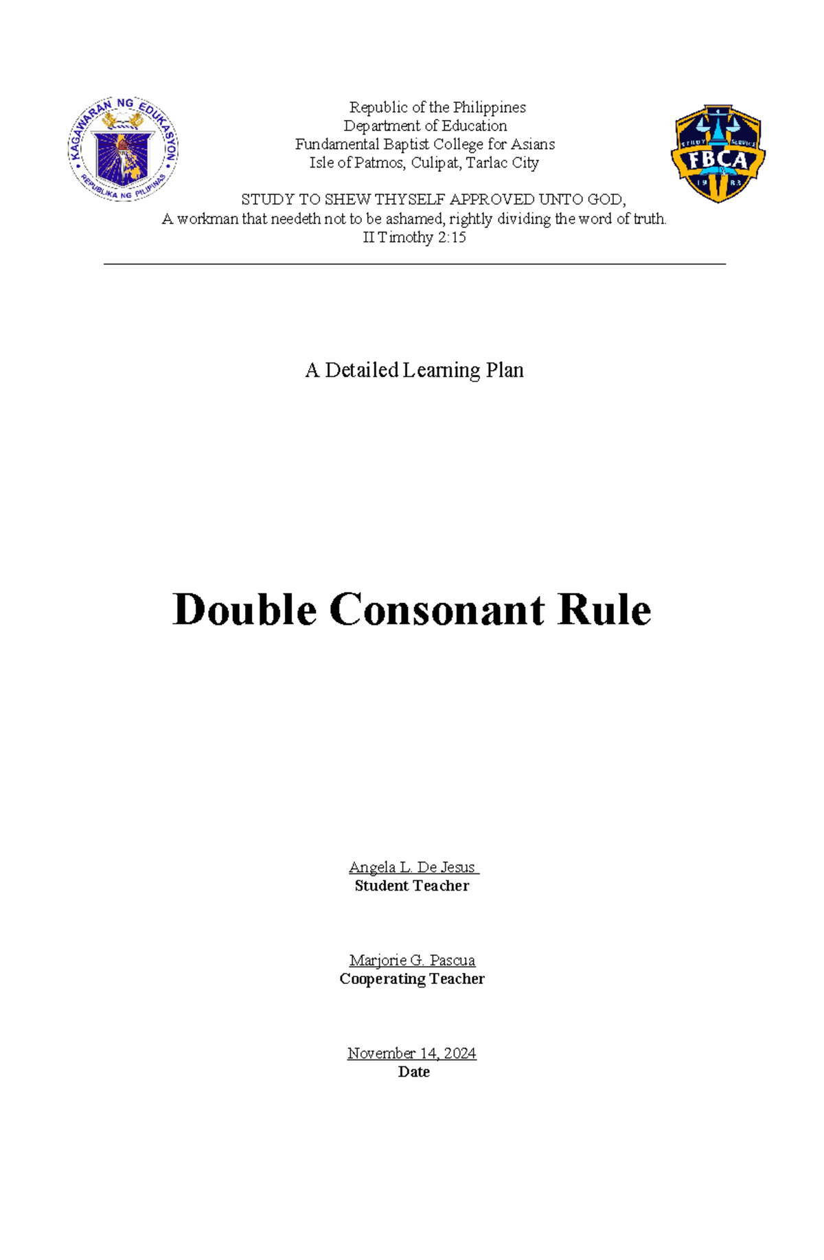 ENG101 Double Consonant Rule - Lesson Plan for Teaching Phonics - Studocu
