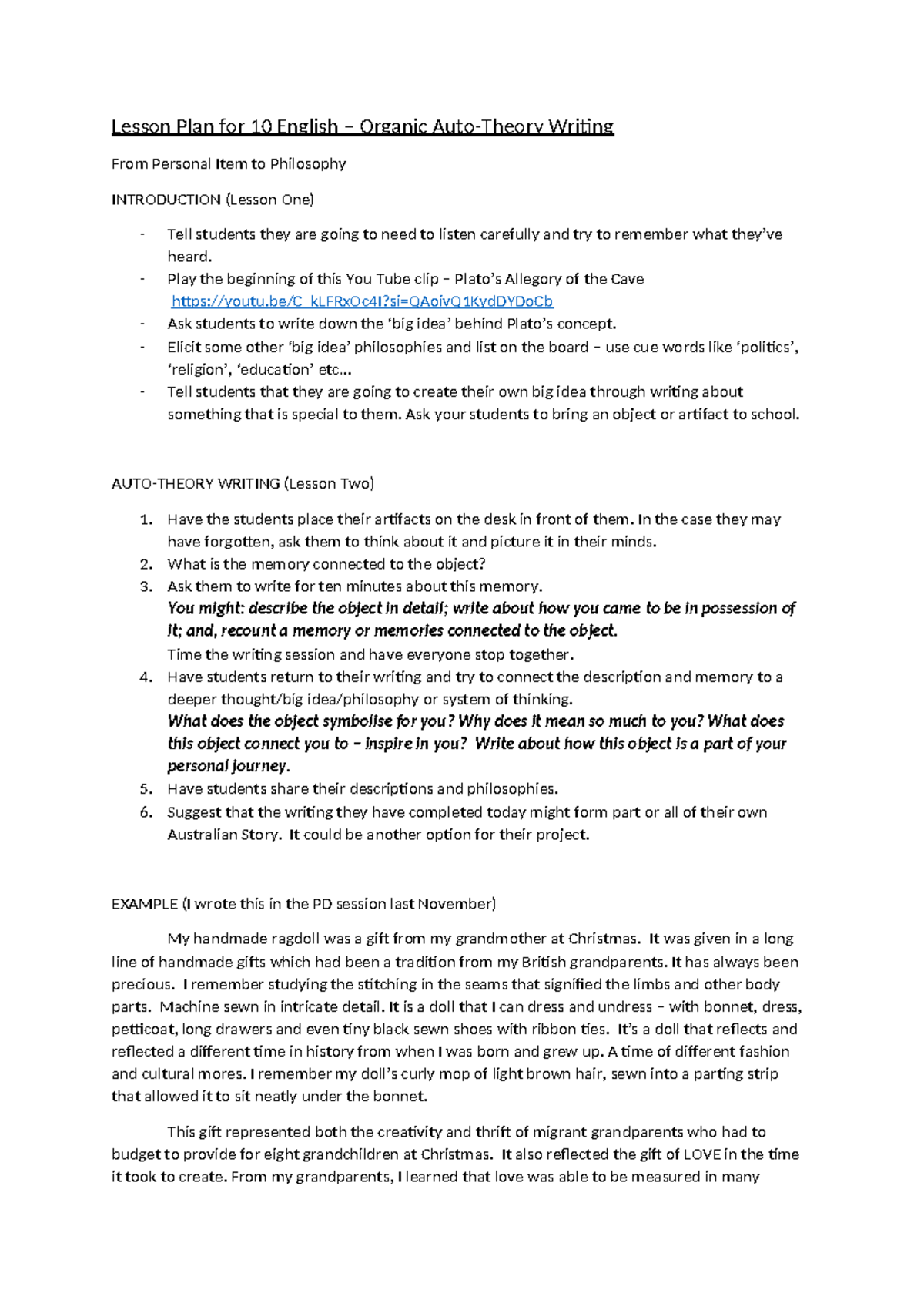 Lesson Plan for 10 English: Organic Writing from Personal Items to ...