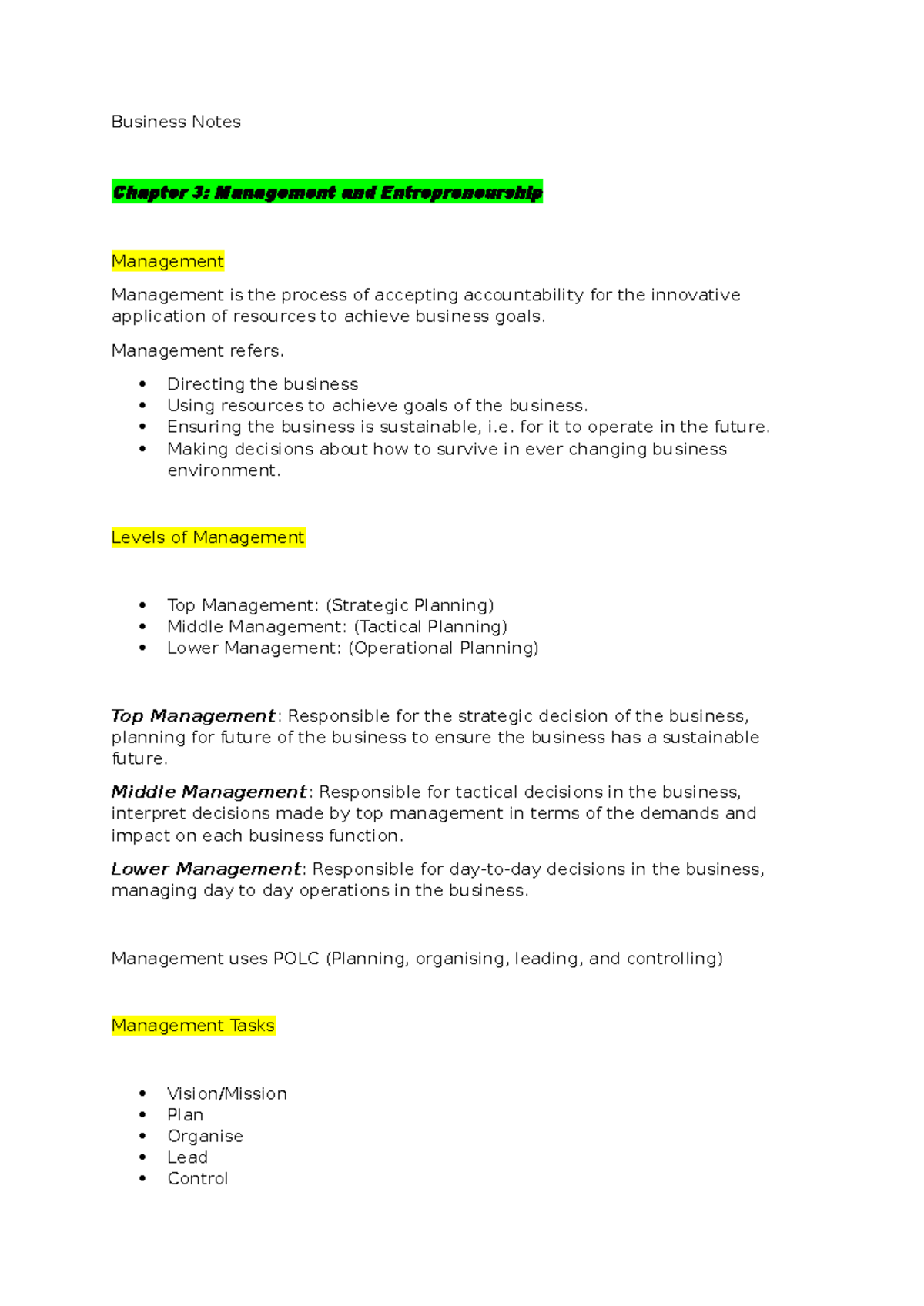 Management and Entrepreneurship: Business Notes for Course BUS101 - Studocu