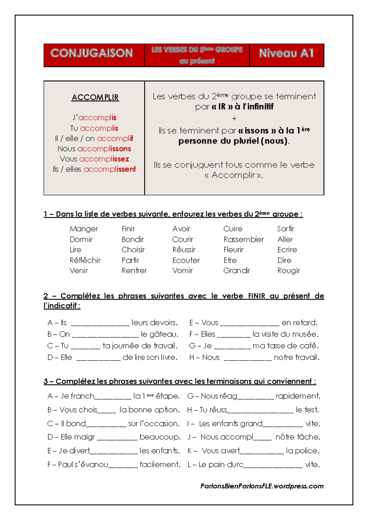 ACC 2ème Groupe: Conjugaison des Verbes en IR et Exercices - Studocu