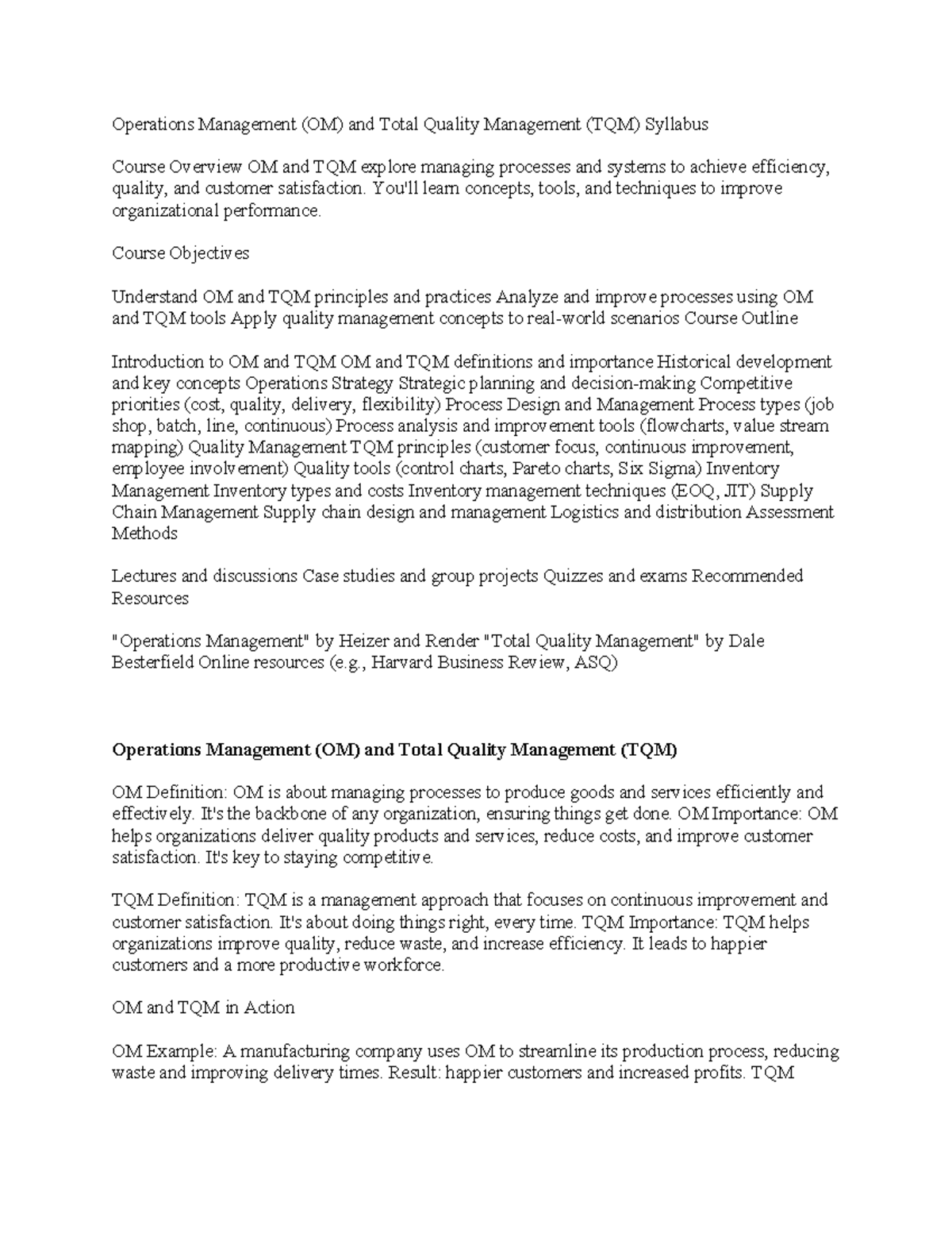 Operations Management (OM) & Total Quality Management (TQM) Syllabus ...